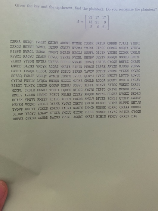 Solved Given the key and the ciptherext, find the plaintext. | Chegg.com