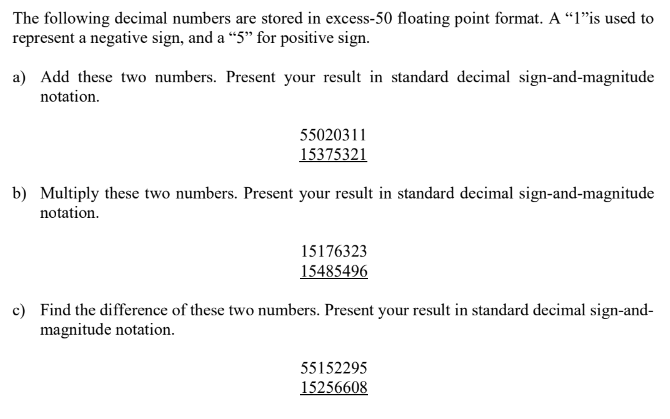 Solved The following decimal numbers are stored in excess- | Chegg.com