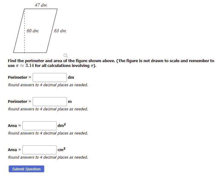 Solved 47 dm f 60 dm 63 dm Find the perimeter and area of | Chegg.com