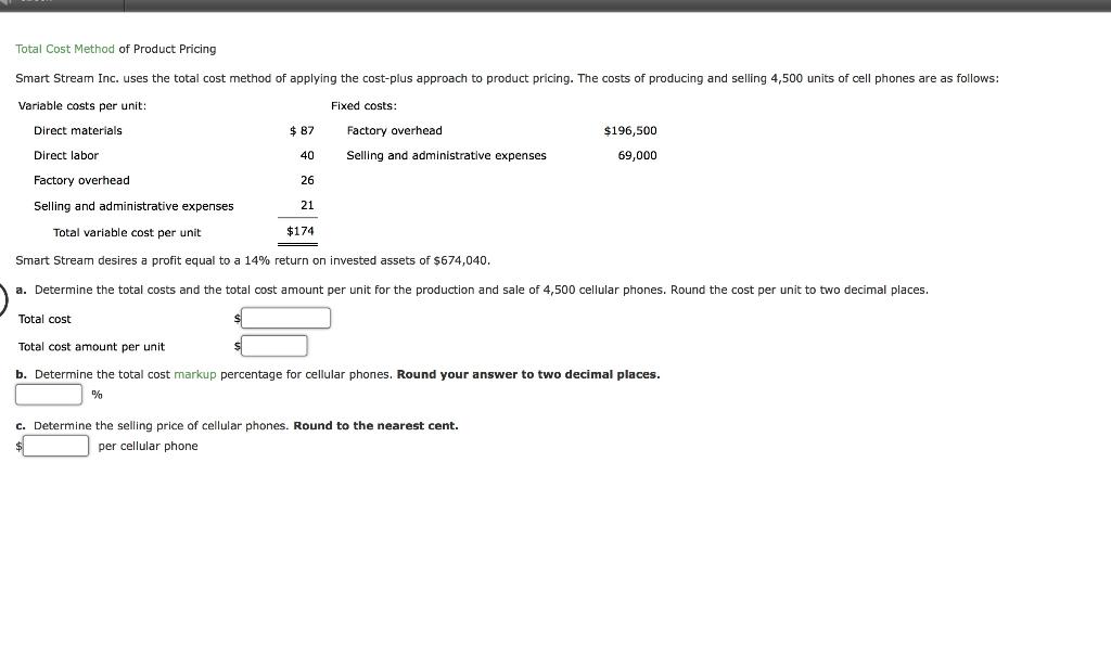 Solved Total Cost Method of Product Pricing Smart Stream | Chegg.com