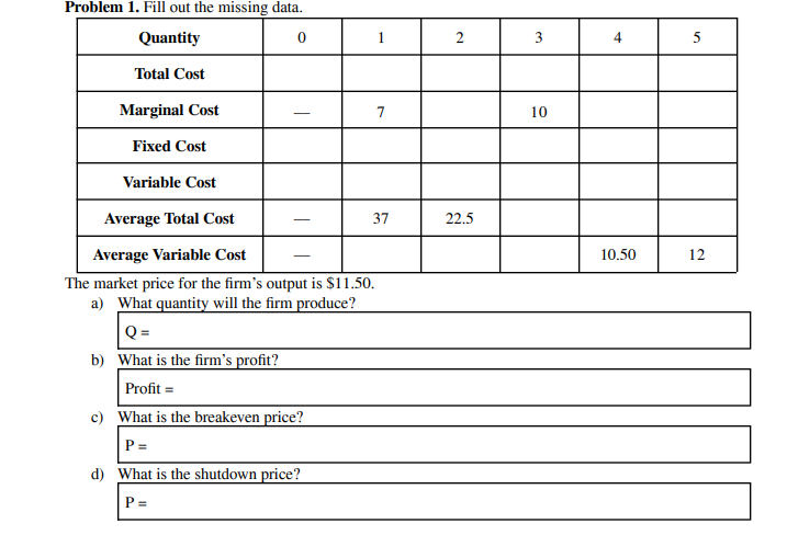 Solved Prohlem 1. Fill out the missing data | Chegg.com