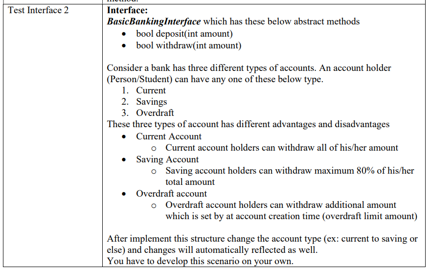 Solved Test Interface 2 Interface: Basic Banking Interface | Chegg.com