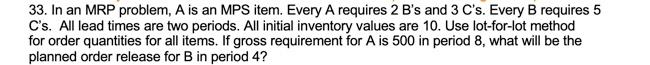 Solved 33. In an MRP problem, A is an MPS item. Every A | Chegg.com