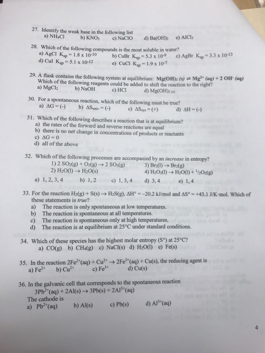 Solved 27. Identify the weak base in the following list a) | Chegg.com