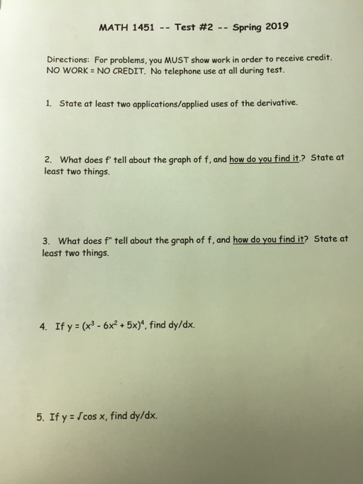 Solved MATH 1451-Test #2-Spring 2019 Directions: For | Chegg.com