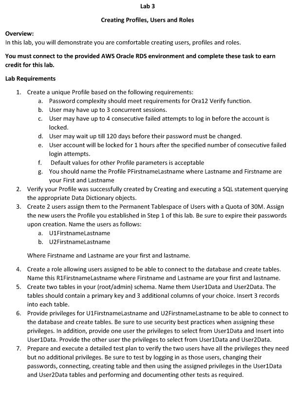 Lab 3 Creating Profiles, Users and Roles Overview: In | Chegg.com