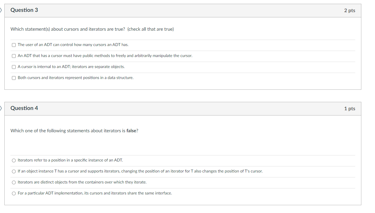 Solved Which statement(s) about cursors and iterators are | Chegg.com