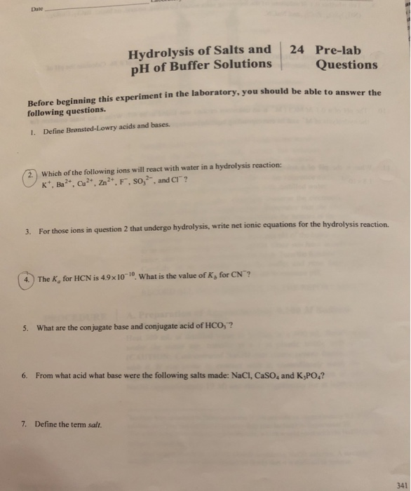 Solved Date Hydrolysis of Salts and pH of Buffer Solutions | Chegg.com