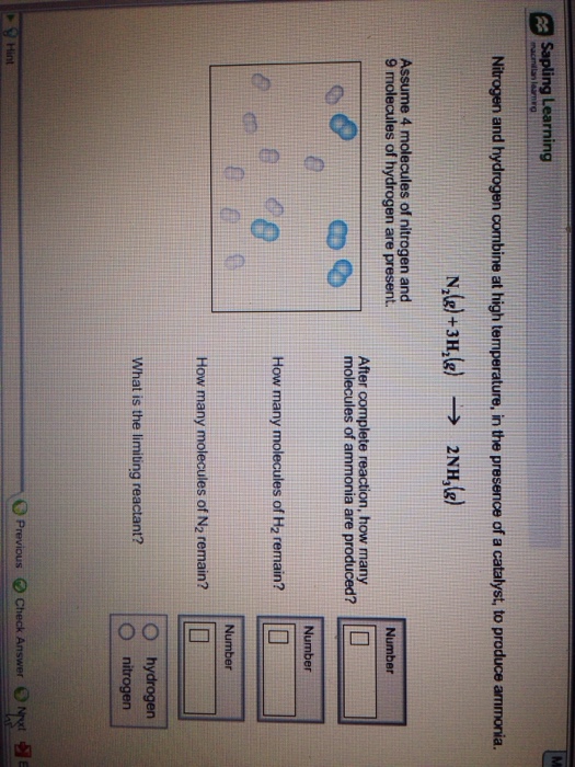 Solved Nitrogen and hydrogen combine at high temperature, in | Chegg.com