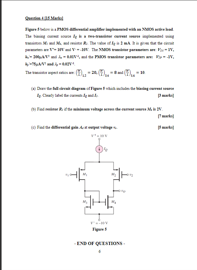 Solved Question 4 [15 Marks] Figure 5 below is a PMOS | Chegg.com
