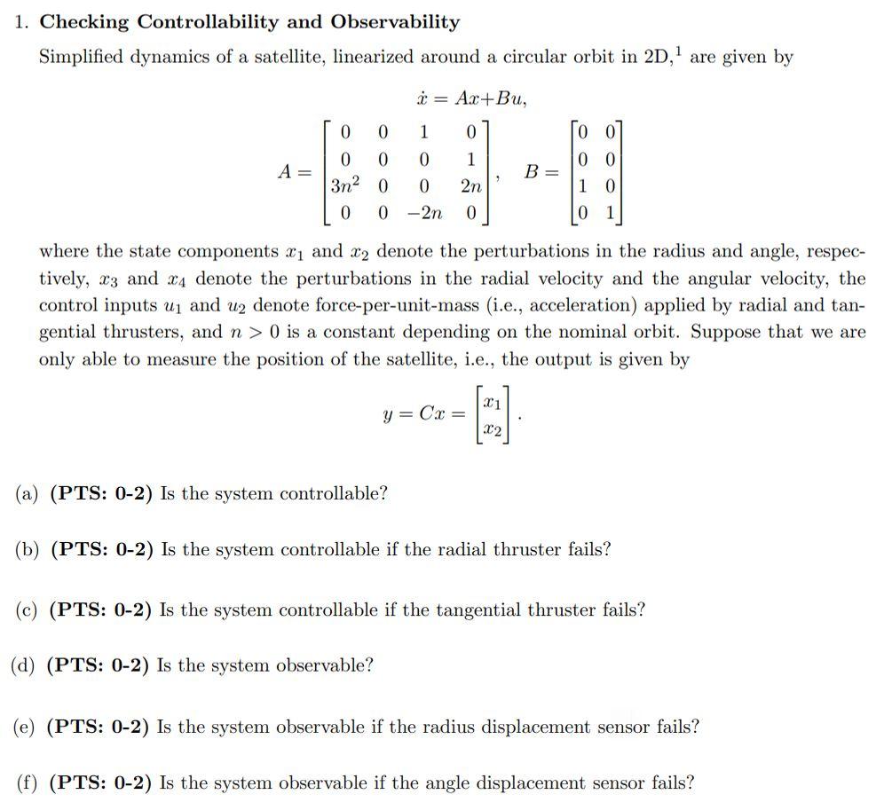 Solved 1. Checking Controllability and Observability | Chegg.com