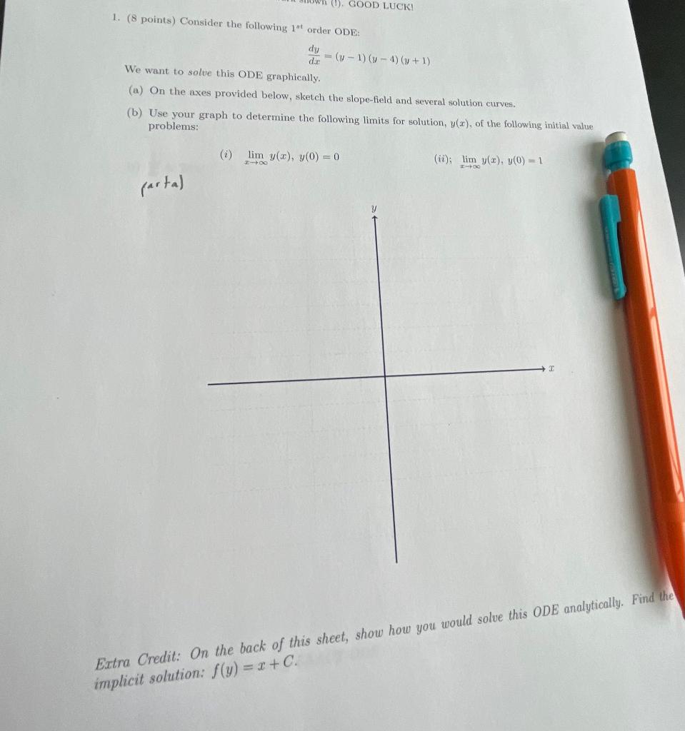 Solved 1. (8 points) Consider the following 1at order ODE: | Chegg.com