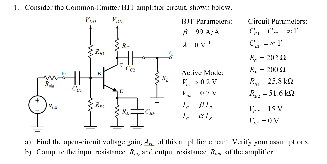 Solved E Rc 1. Consider the Common-Emitter BJT amplifier | Chegg.com
