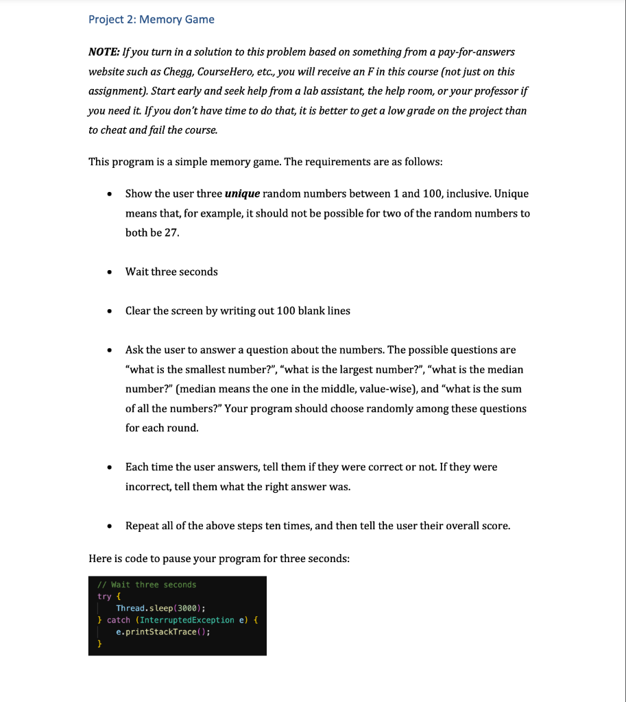 Solved Project 2: Memory Game NOTE: If you turn in a | Chegg.com