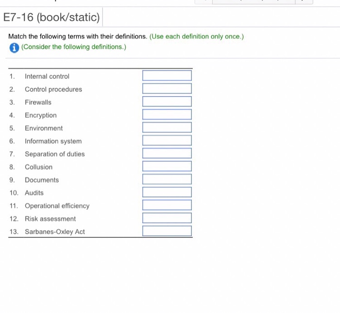 Solved E7-16 (book/static) Match the following terms with | Chegg.com