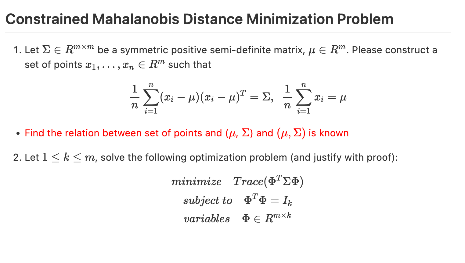 Ponstrained Mahalanobis Distance Minimization Problem | Chegg.com