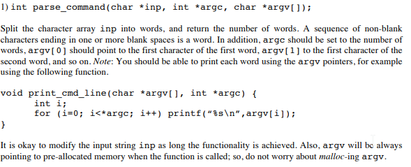 1) int parse_command(char *inp, int *argc, char | Chegg.com