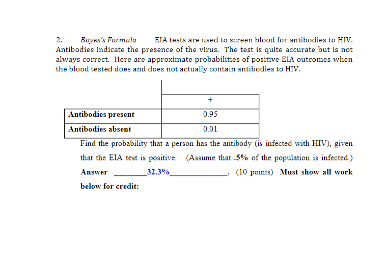 Solved 2. Bayes's Formula EIA tests are used to screen blood | Chegg.com