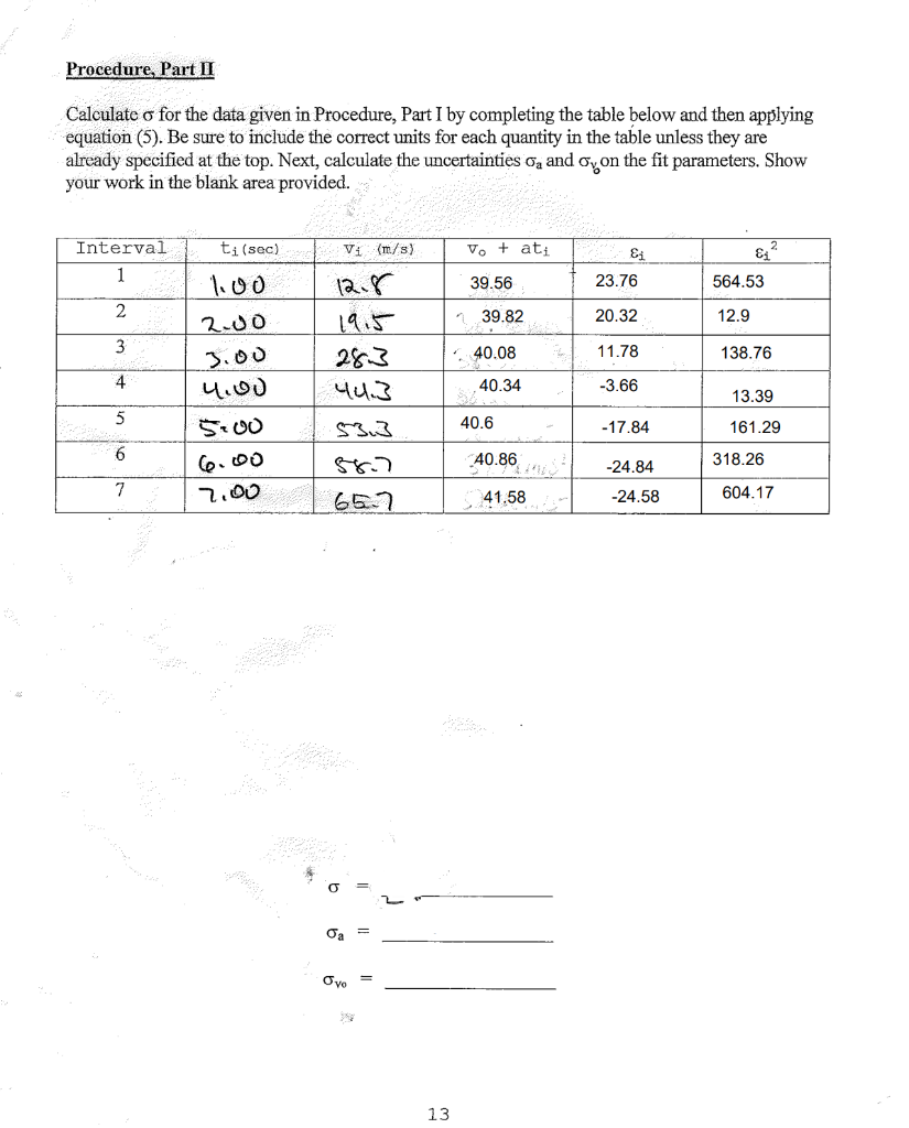 Solved Procedure, Part II Calculate o for the data given in | Chegg.com