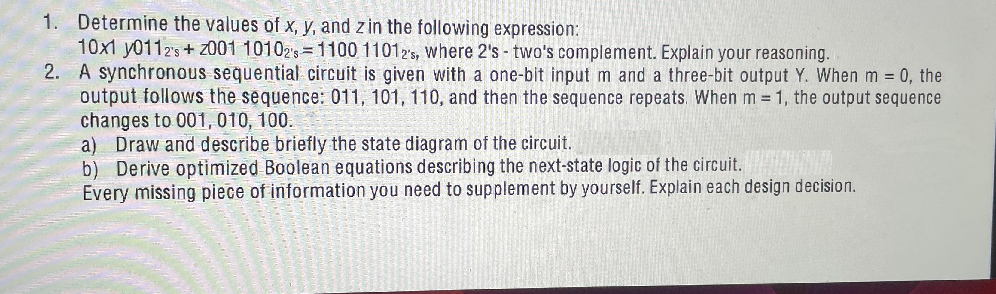 Solved 1. Determine the values of x,y, and z in the | Chegg.com