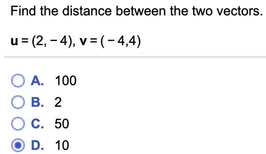 Solved Find the distance between the two vectors us (2,-4), | Chegg.com