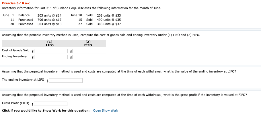 Solved Exercise 8-10 a-c Inventory information for Part 311 | Chegg.com
