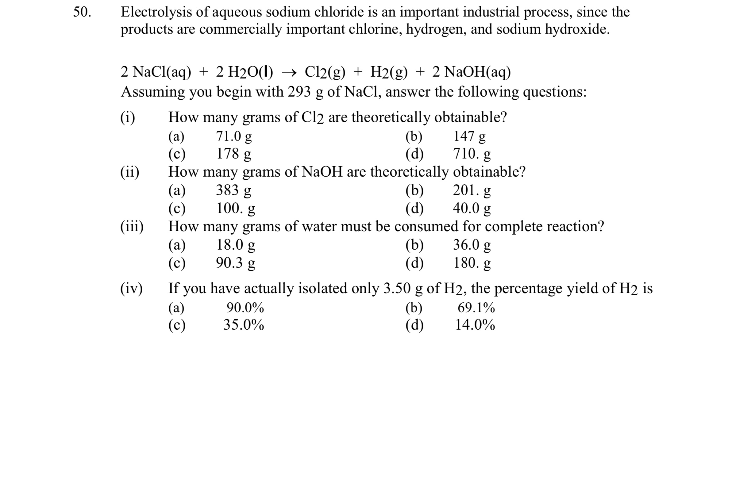 Solved Electrolysis of aqueous sodium chloride is an | Chegg.com