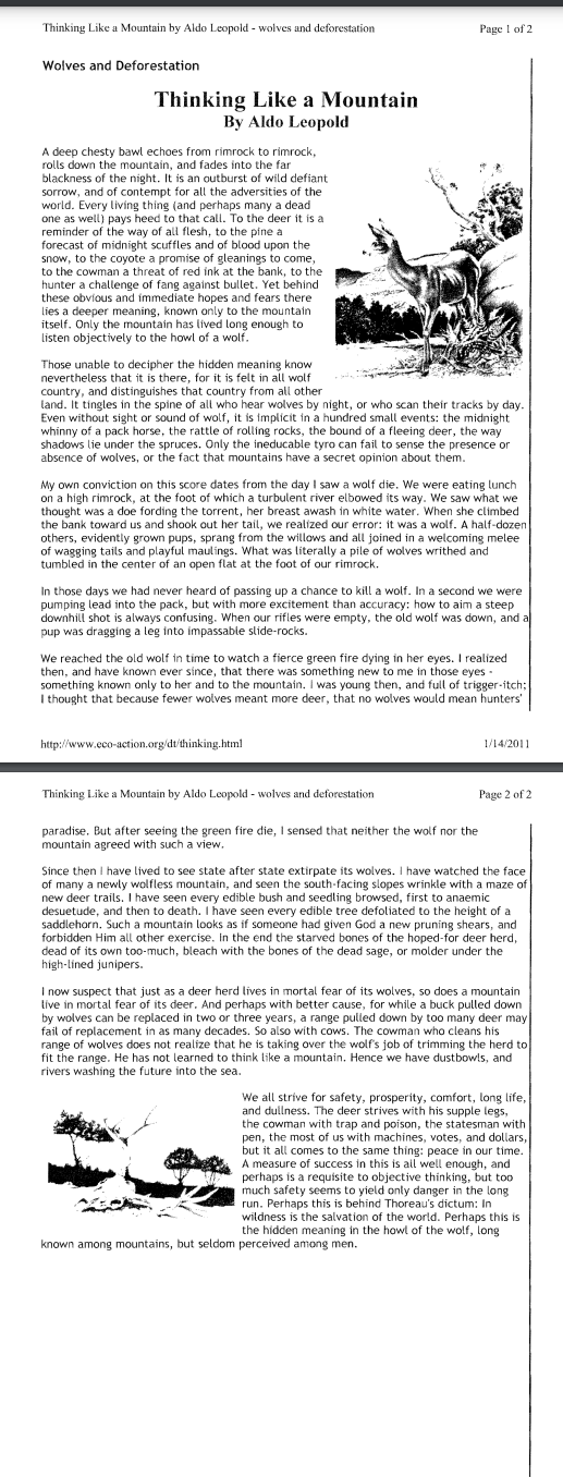 Solved Thinking Like a Mountain by Aldo Leopold - wolves and | Chegg.com