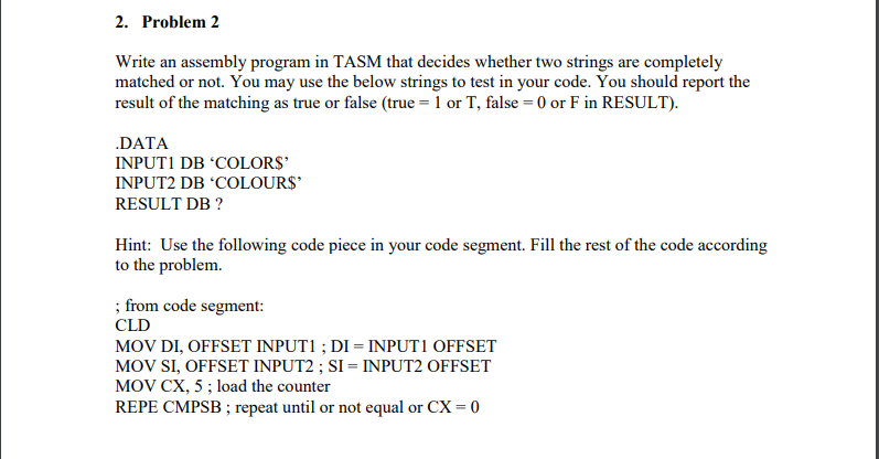 Solved 2 Problem 2 Write An Assembly Program In Tasm That 