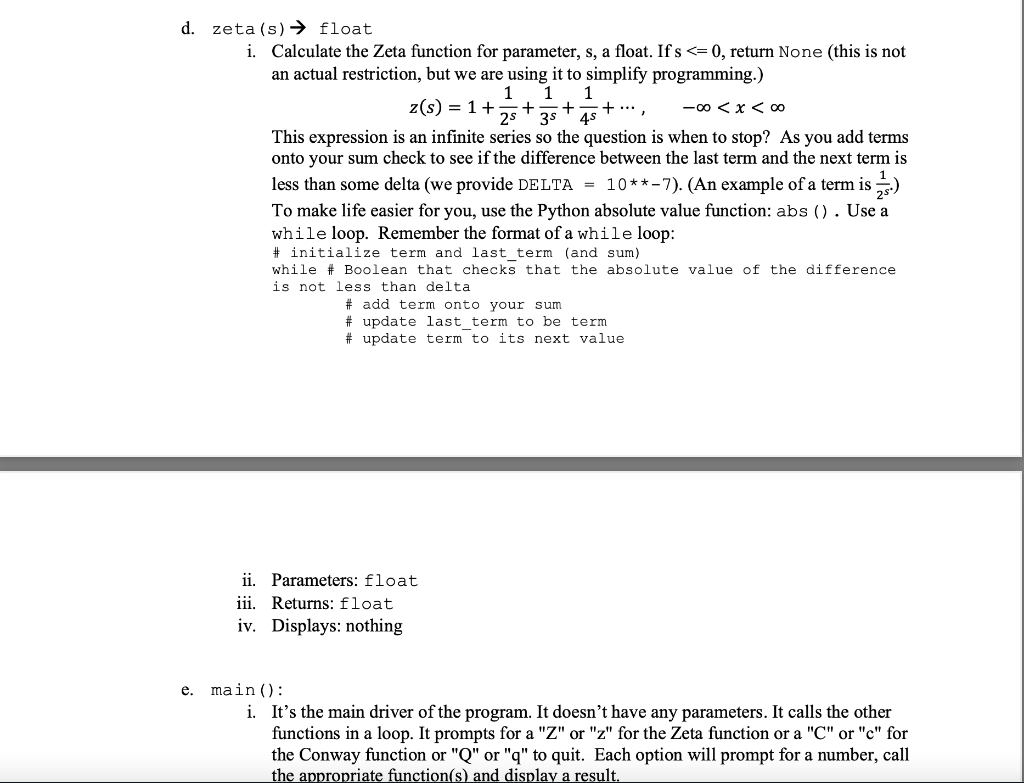 Solved d. zeta (s) → float i. Calculate the Zeta function | Chegg.com