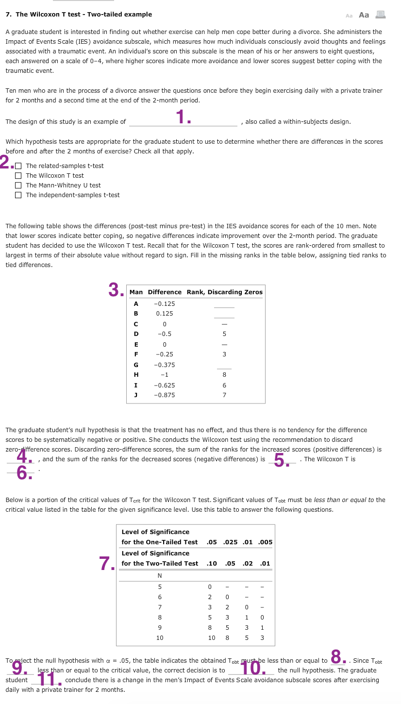 Solved 7. The Wilcoxon T test - Two-tailed example Aa Aa E A | Chegg.com