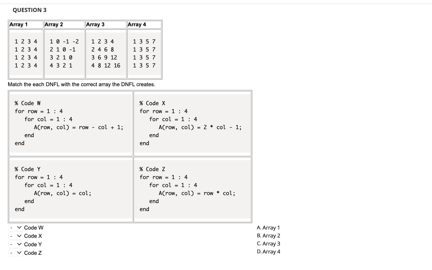 Solved QUESTION 3 Match the each DNFL with the correct array | Chegg.com