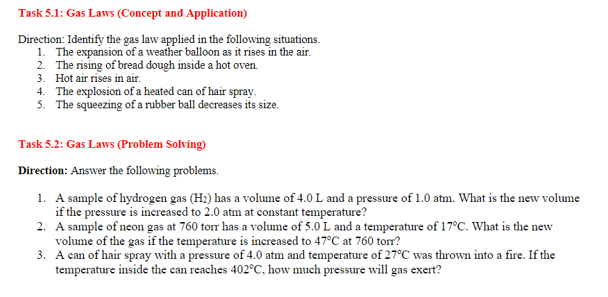 Solved Task 5.1: Gas Laws (Concept and Application) | Chegg.com