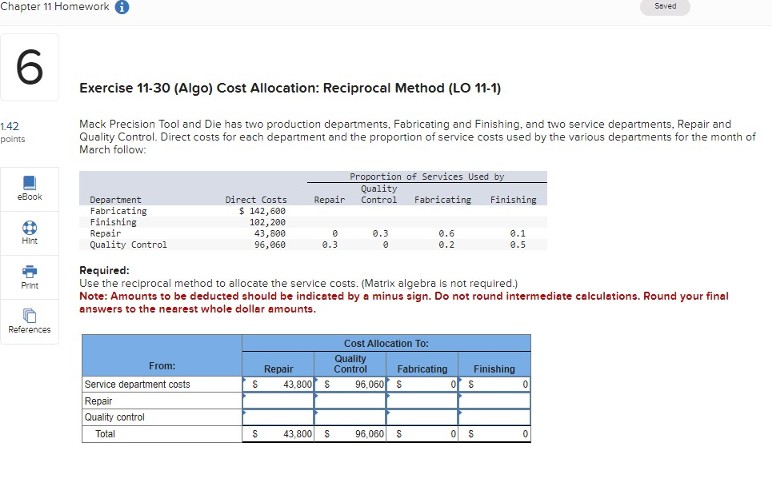 Solved Exercise 11-30 (Algo) ﻿Cost Allocation: Reciprocal | Chegg.com