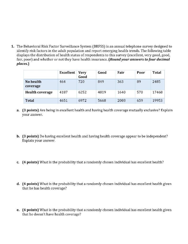 Solved 1. The Behavioral Risk Factor Surveillance System | Chegg.com
