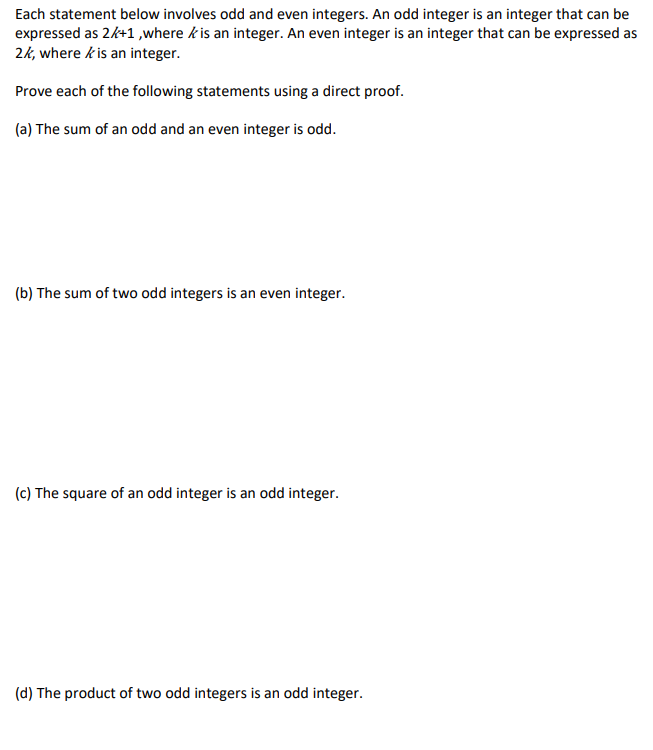Solved Each statement below involves odd and even integers. | Chegg.com Solved Each statement below involves odd and even integers. | Chegg.com