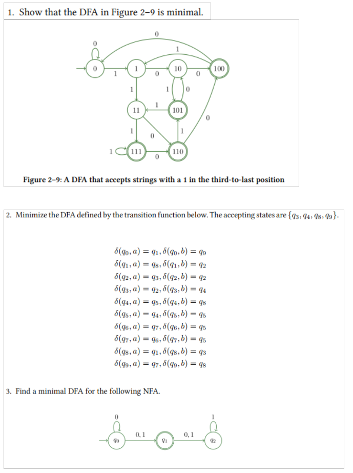 Solved 1. Show that the DFA in Figure 2-9 is minimal. 0 10 | Chegg.com
