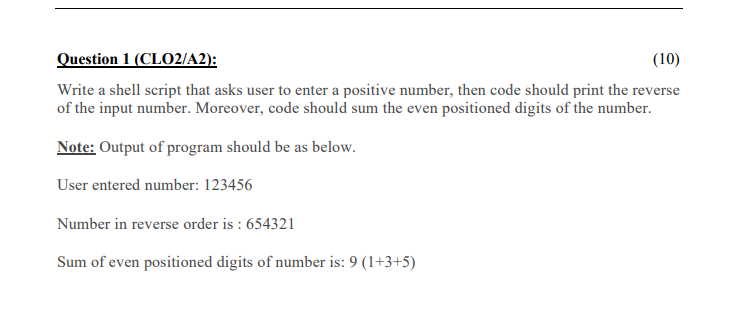 Solved Question 1 (CLO2/A2): (10) Write a shell script that | Chegg.com