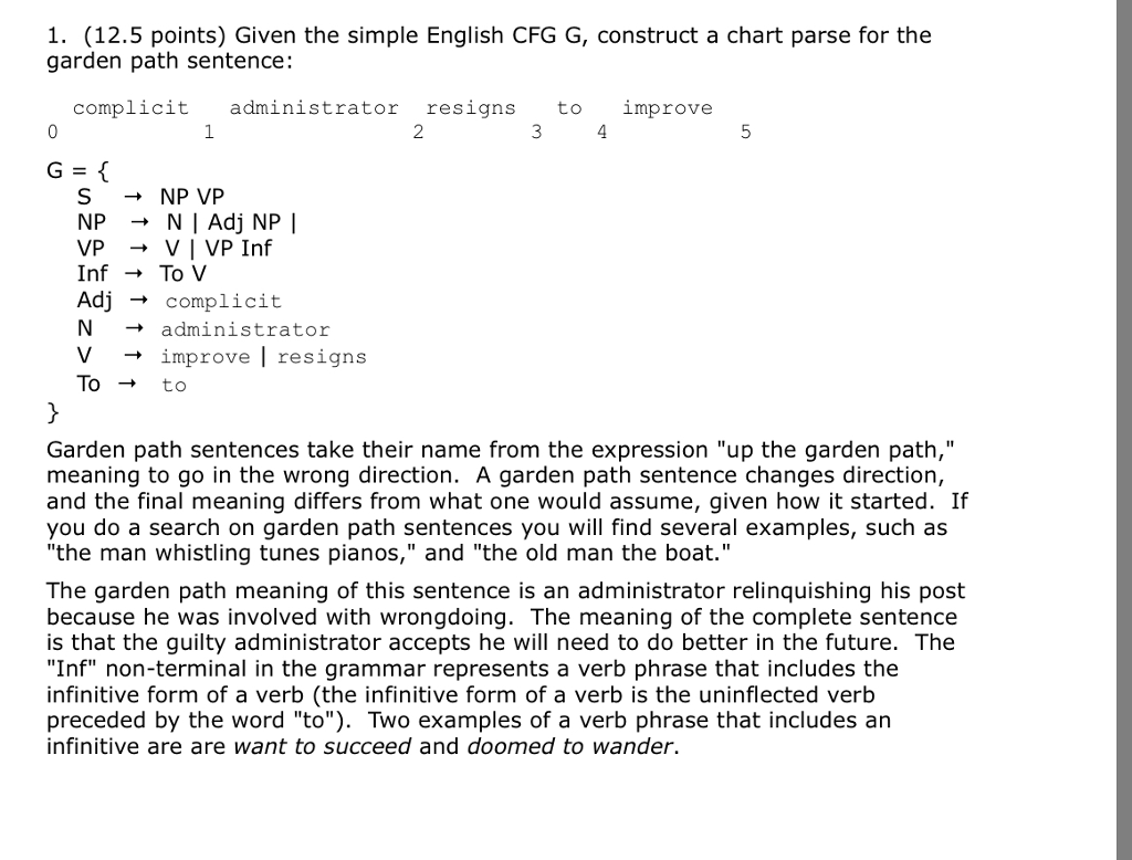 1. (12.5 points) Given the simple English CFG G, | Chegg.com
