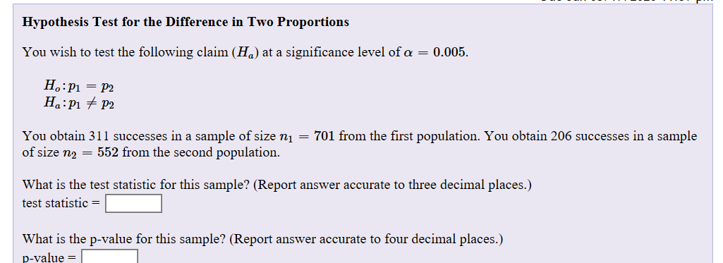 Solved Hypothesis Test for the Difference in Two Proportions | Chegg.com