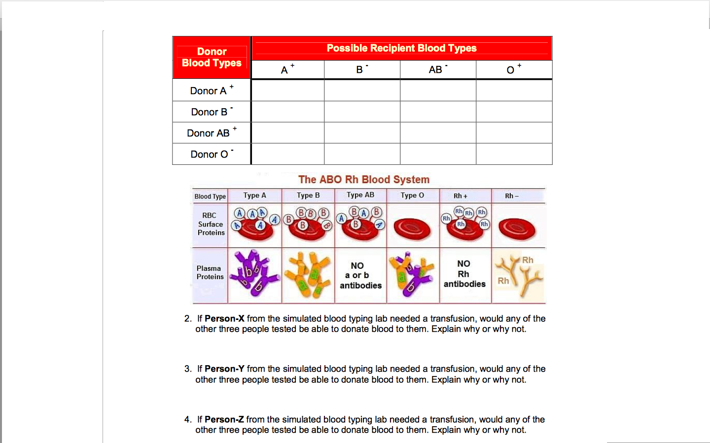 Solved Possible Recipient Blood Types Donor Blood Types " A | Chegg.com