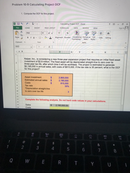 Solved Problem 10-9 Calculating Project OCF 1. Compute the | Chegg.com