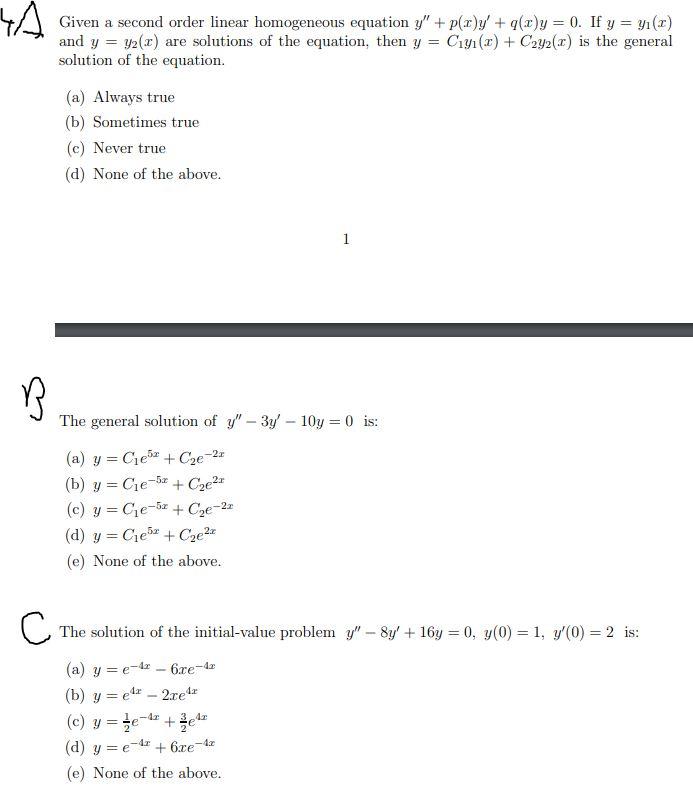 Solved YA A Given a second order linear homogeneous equation | Chegg.com
