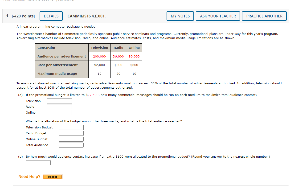 Solved /20 Points] CAMMIMS16 4.E.001. A linear programming | Chegg.com