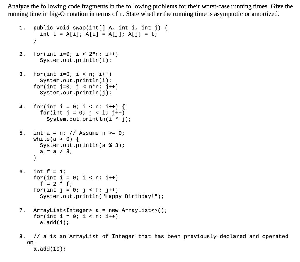 Solved Provide the BIG O NOTATION in terms of n for code | Chegg.com