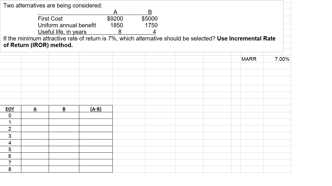 Solved Two alternatives are being considered: A B First Cost | Chegg.com