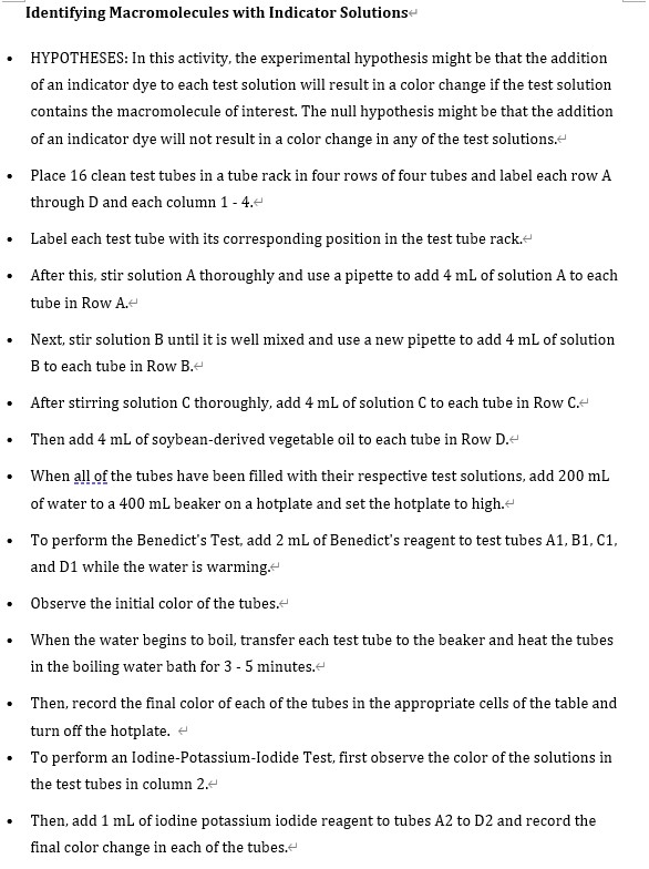 Solved Identifying Macromolecules with Indicator Solutions | Chegg.com