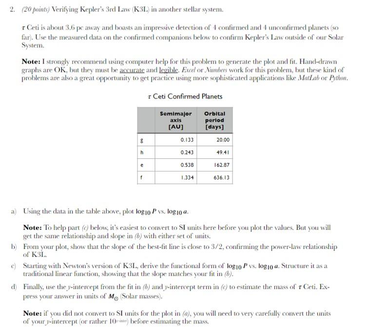 Solved 2. (20 points) Verifying Kepler's 3rd Law (K3L) in | Chegg.com