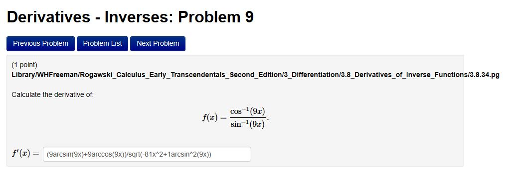 Solved Derivatives - Inverses: Problem 9 Previous Problem | Chegg.com