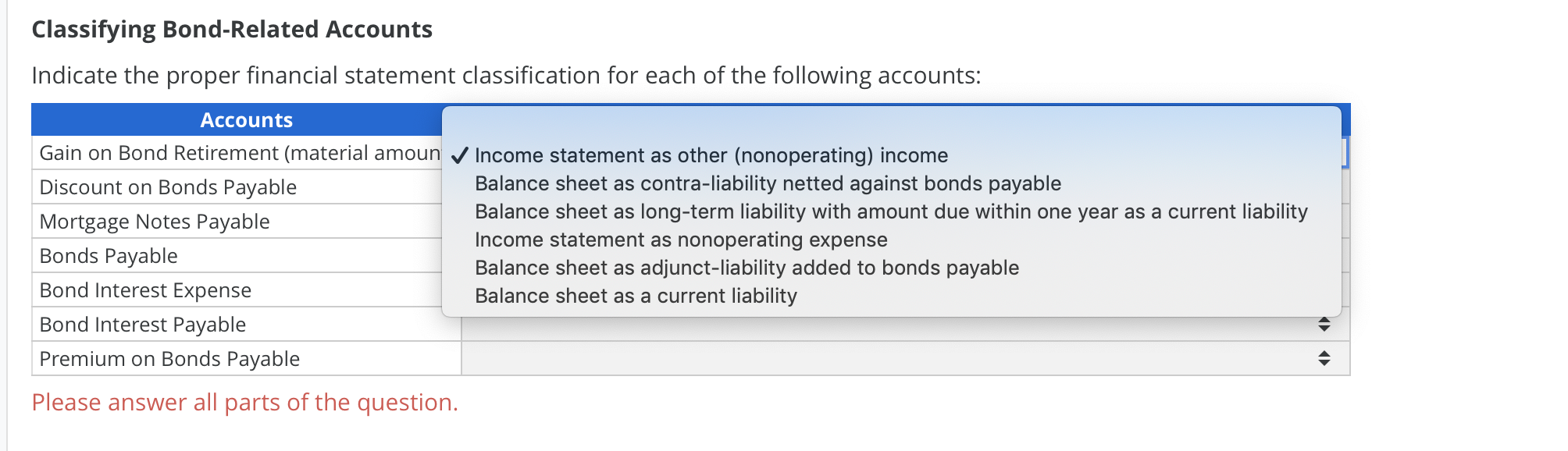Solved Classifying Bond-Related Accounts Indicate the proper | Chegg.com